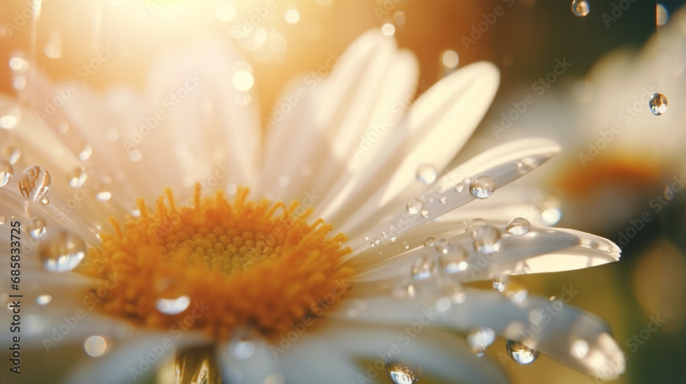 Daisy Petals,Sparkling dewdrops on vibrant , backlit by morning rays ...