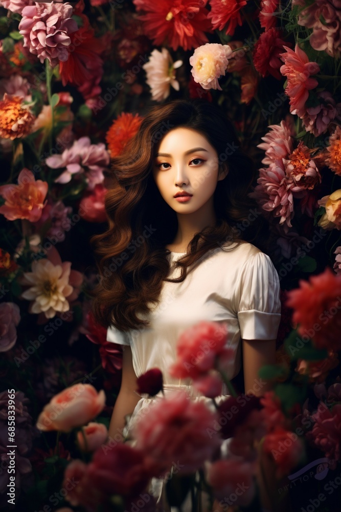 a girl poses among many flowers, in the style of romantic soft focus ...