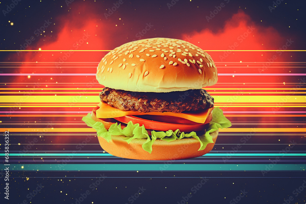 Stylized burger with neon lights and retro futuristic background Stock ...