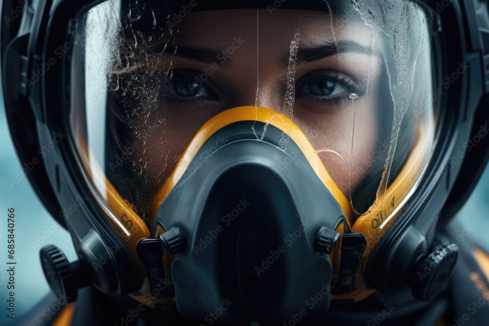 A woman is pictured wearing a gas mask and protective gear. This image ...