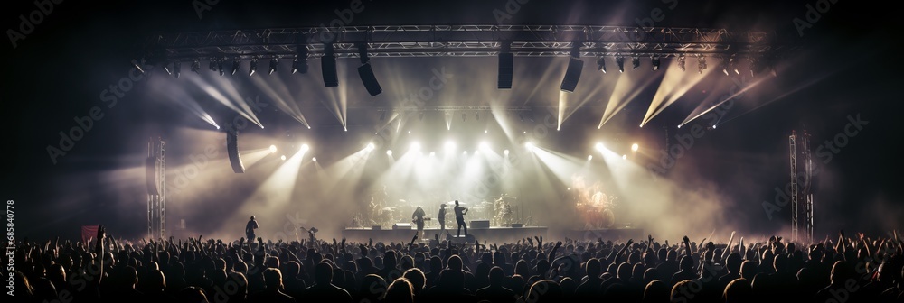 Big rock concert, stadium with lots of people watching the colorful ...