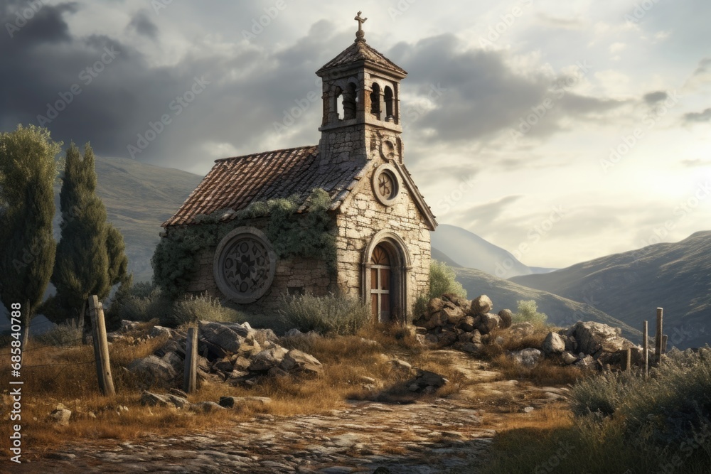 A picture of a small stone church with a steeple on top. This image can ...