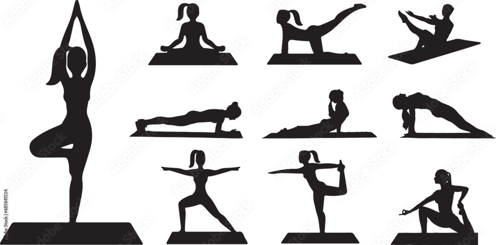 set of yoga poses and pilates silhouettes on yoga mat, fitness, basic ...