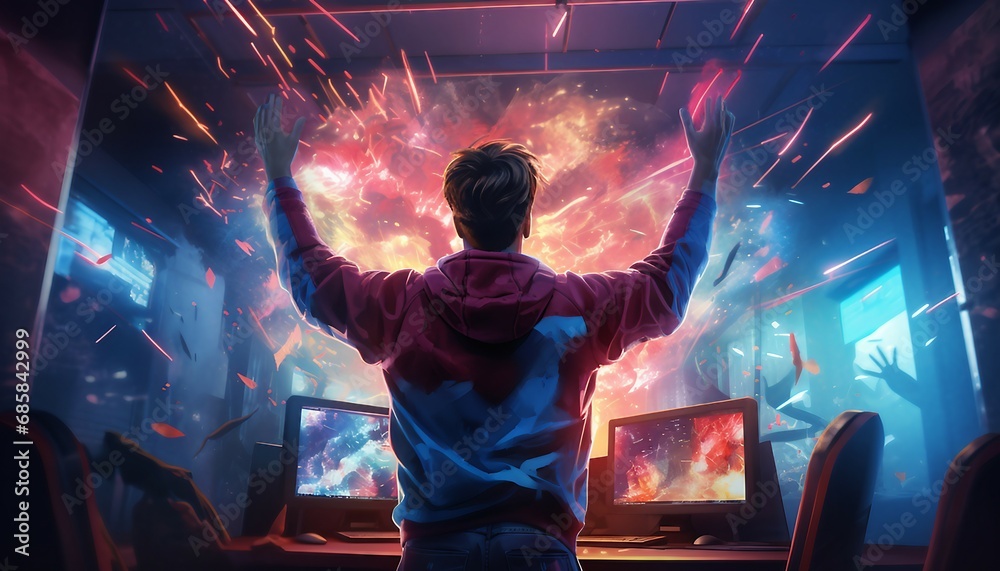 Professional E-Sports gamer rejoices in the victory in blue light game ...