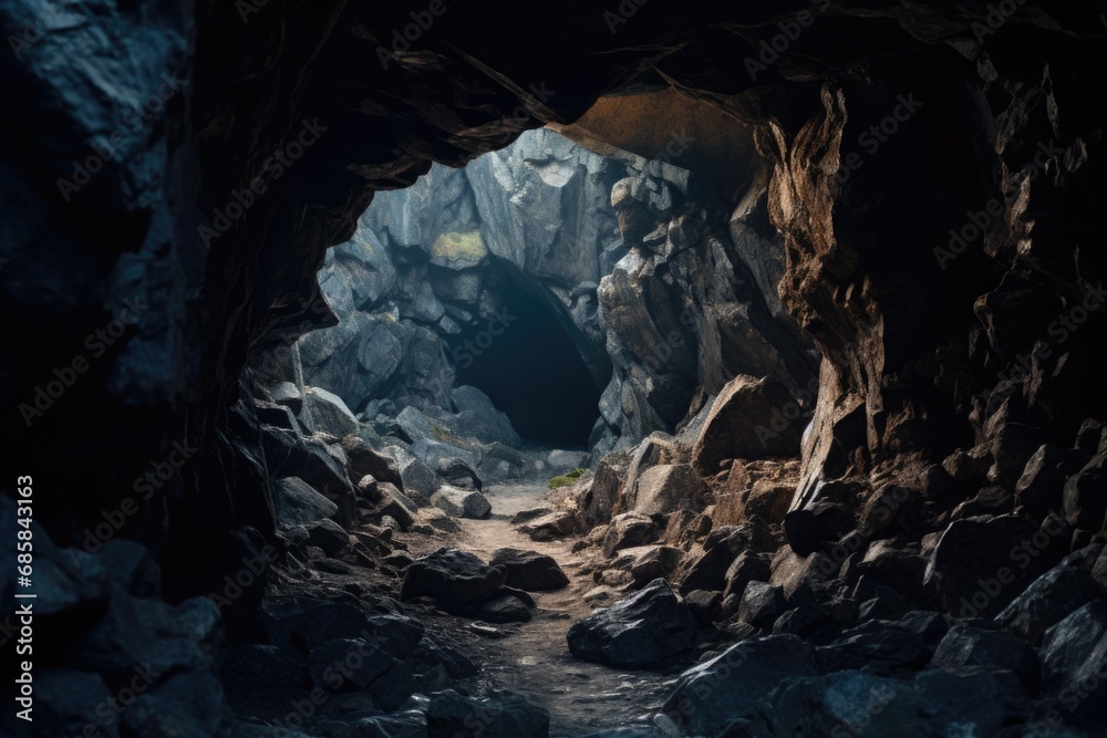 A picture of a dark cave with a faint light shining at the end. This ...