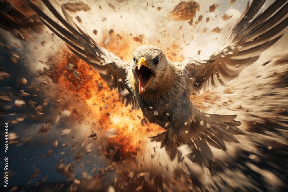 A large bird is seen soaring through a fiery cloud. This image can be ...