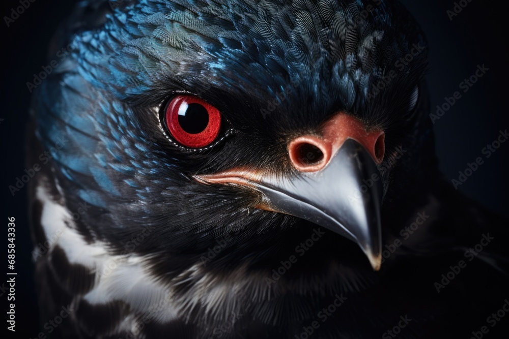 A close-up view of a bird with striking red eyes. This image can be ...