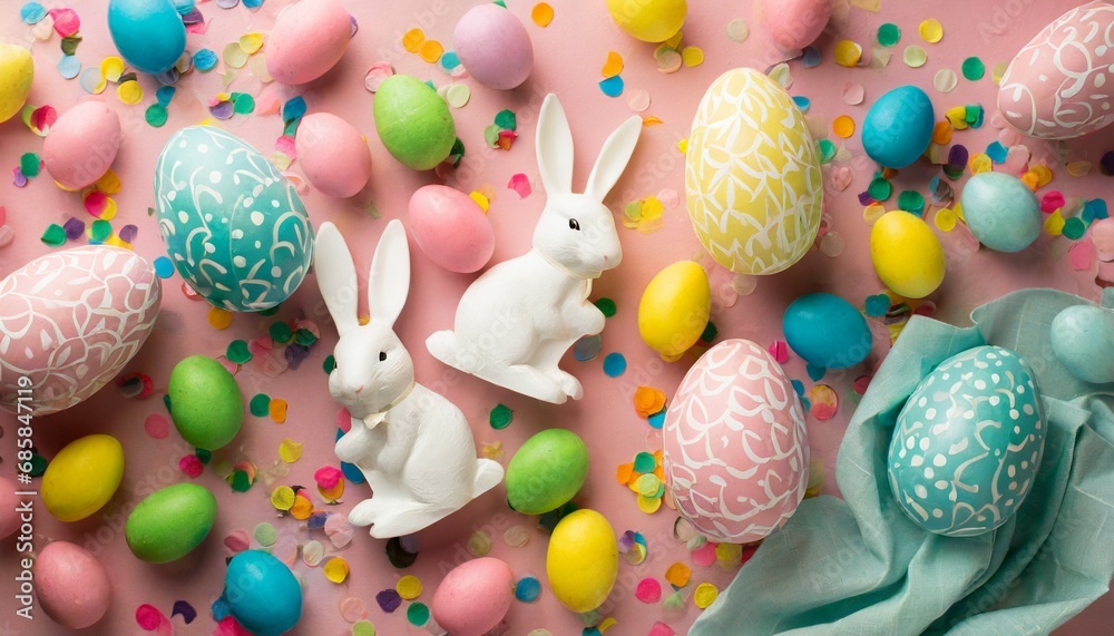 top view photo of easter decorations glowing confetti white easter ...