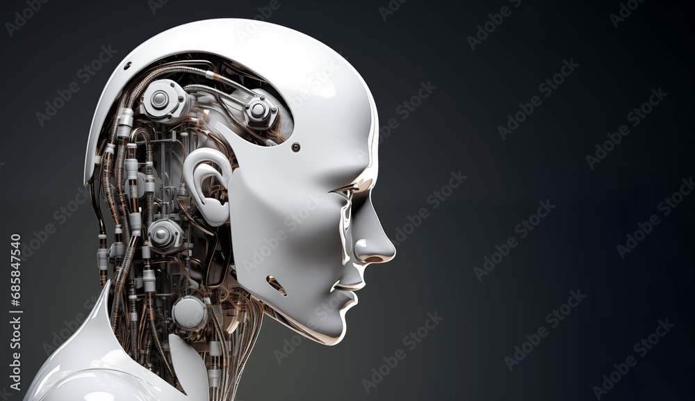 Head of Futuristic Android AI Robot on Dramatic Dark Background ...