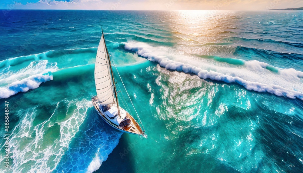 wave and sail yacht on the sea as a background sea and waves from top ...