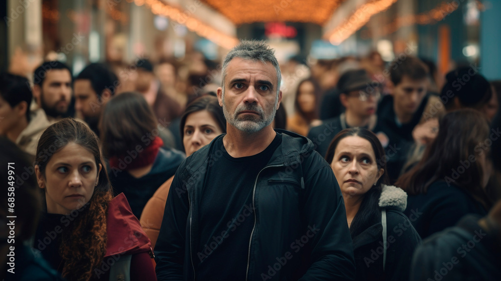 waiting in line in a crowd of people. a picture showing the emotions of ...