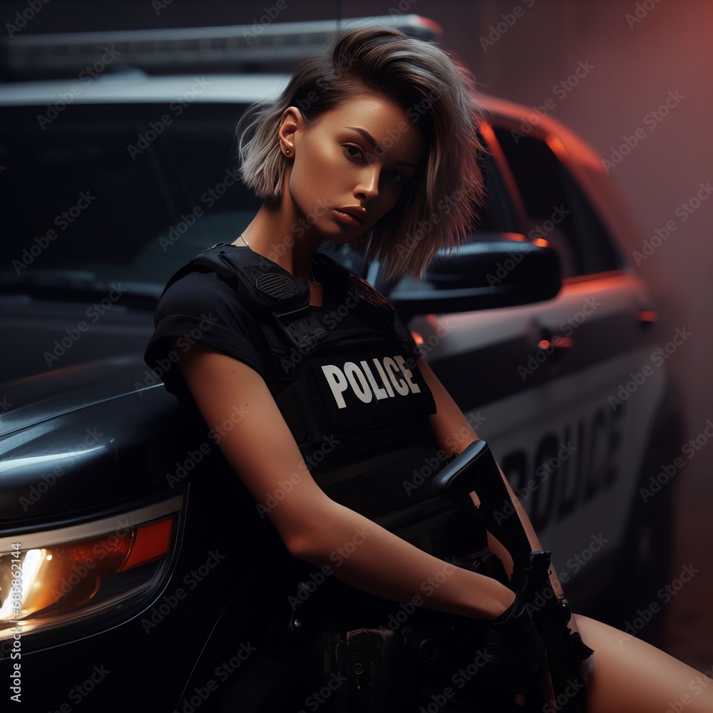 Cute police officer girl in uniform and rifle standing near a patrol ...