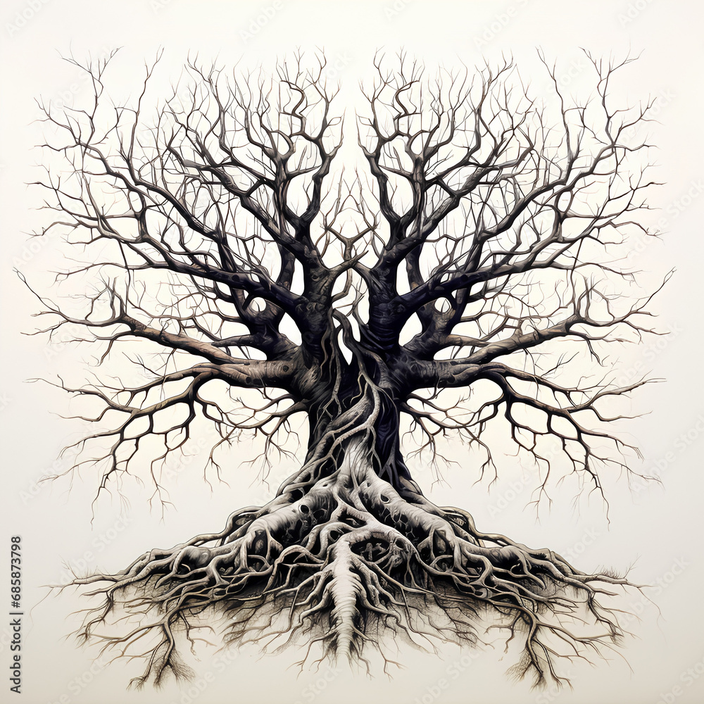 Aged Majesty: An intricate abstract illustration of an ancient tree ...