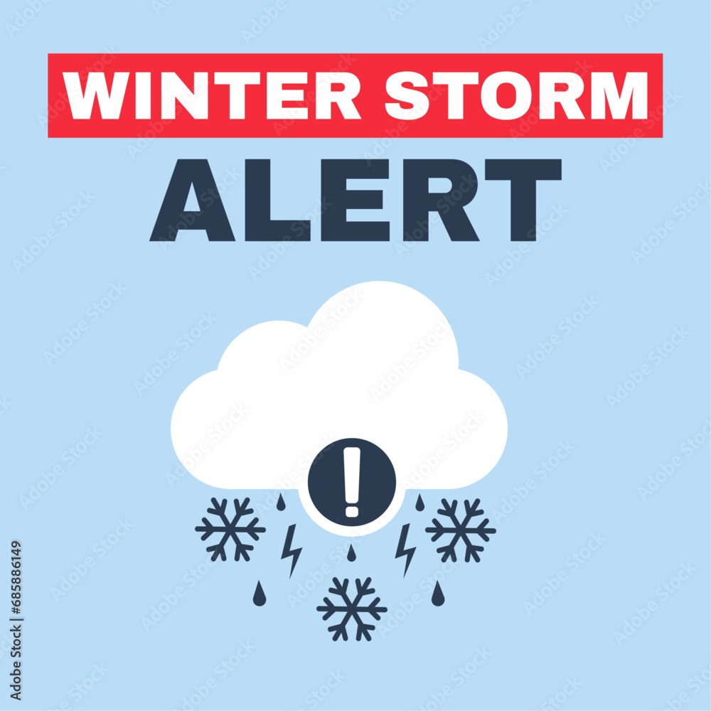 Winter storm alert. Heavy snow combined with freezing rain and strong winds. Cloud icon with ...
