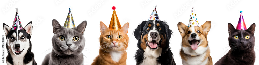 Birthday Cap Wearing Dogs and Cats: A Set of Pets Celebrating on a ...