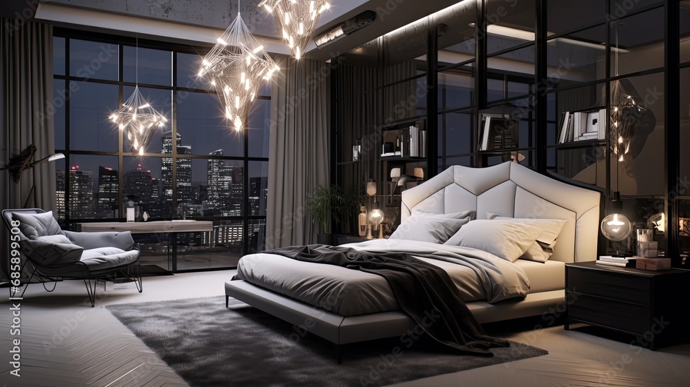 chandeliers hanging in a bedroom, featuring a wire black glitter ...