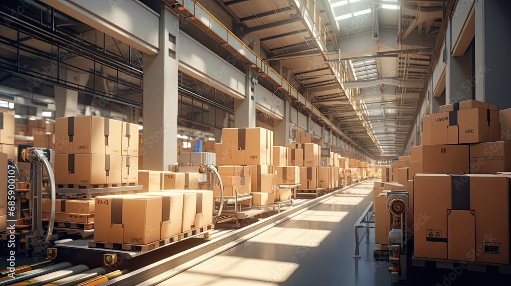 cardboard boxes moving on a production line, destined for a warehouse ...