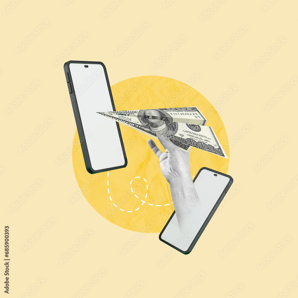 Sending money from one cell phone to another, hand with dollar bill ...