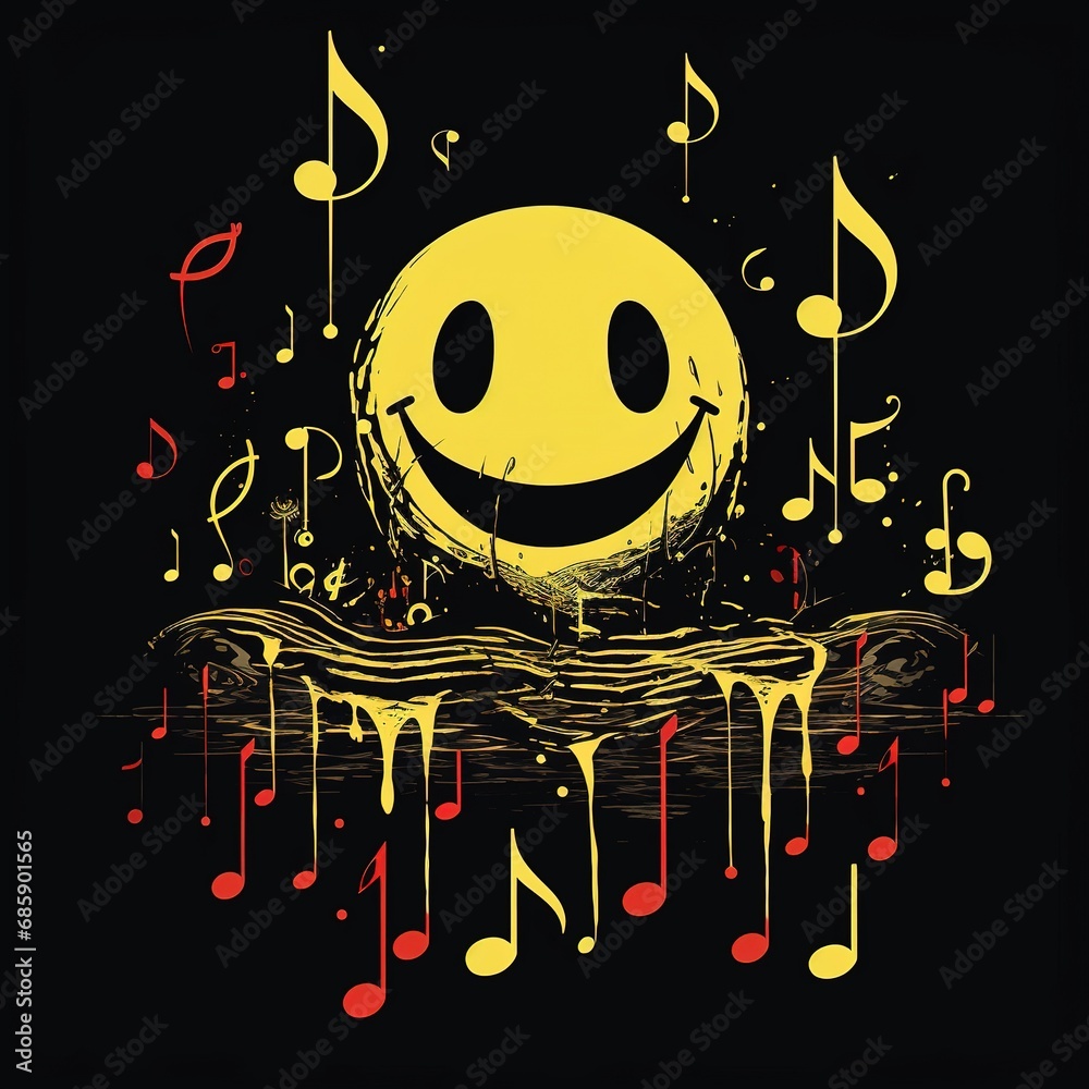 Simple cute music vector. Yellow circle smiley face, circle logo t ...