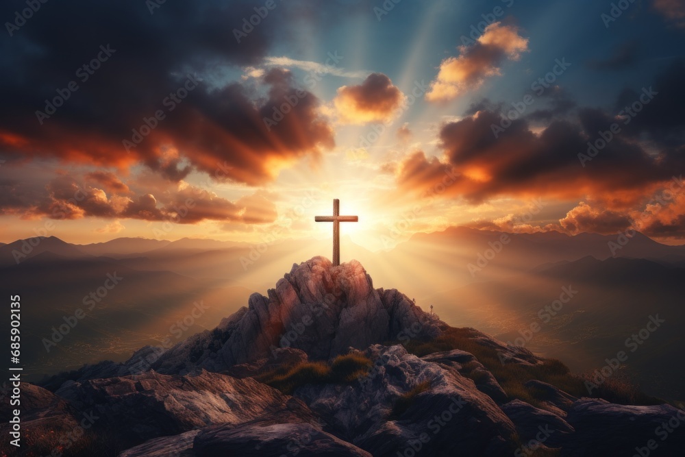 Jesus Christ Concept : cross on sunset sky background Stock Photo ...