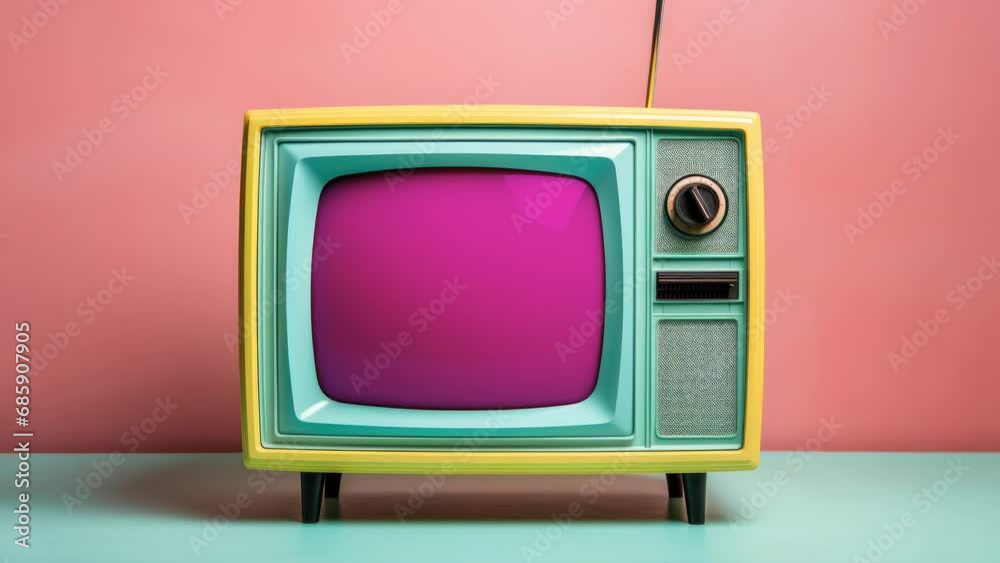 Vintage yellow blue retro TV with purple magenta tap on floor against ...