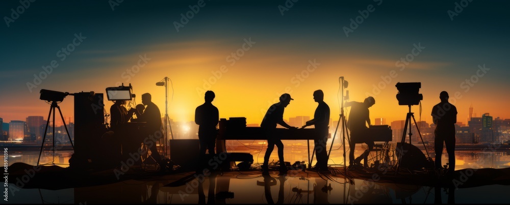 Film crew team lightman and cameraman working together with director in ...