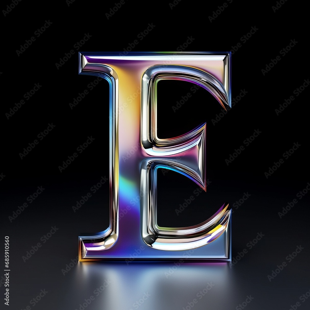 3d golden font letter E with neon iridescent graduated colors. Dark ...