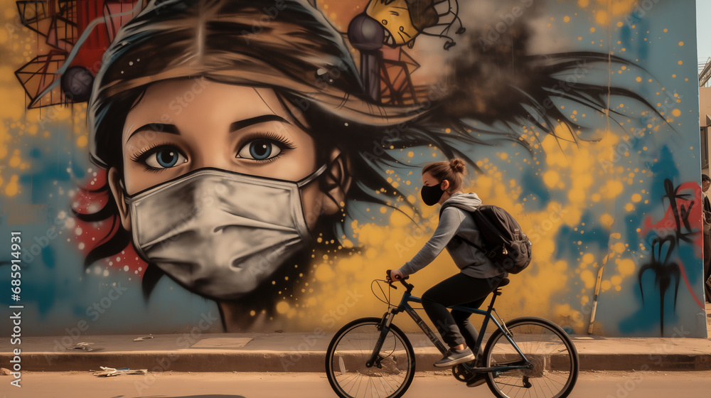 Teenage girl riding a bicycle, wearing a mask. Graffiti on the wall ...