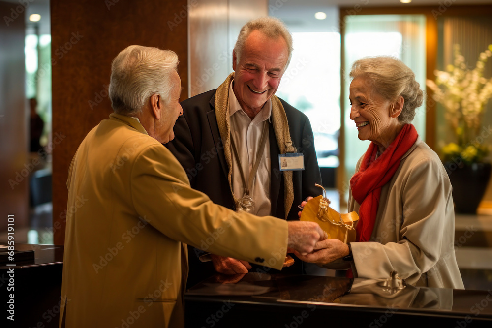 Senior man check-in procedure in hotel reception. Senior couple ...
