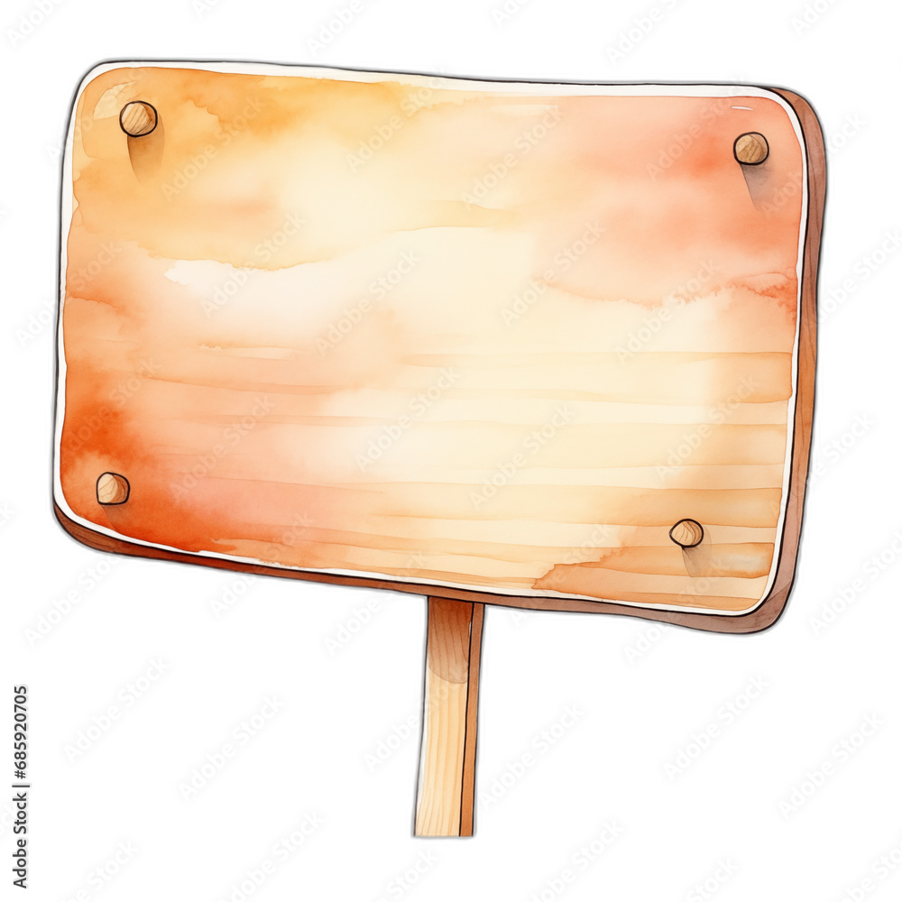 Watercolor cartoon illustration of an empty wooden sign isolated on ...