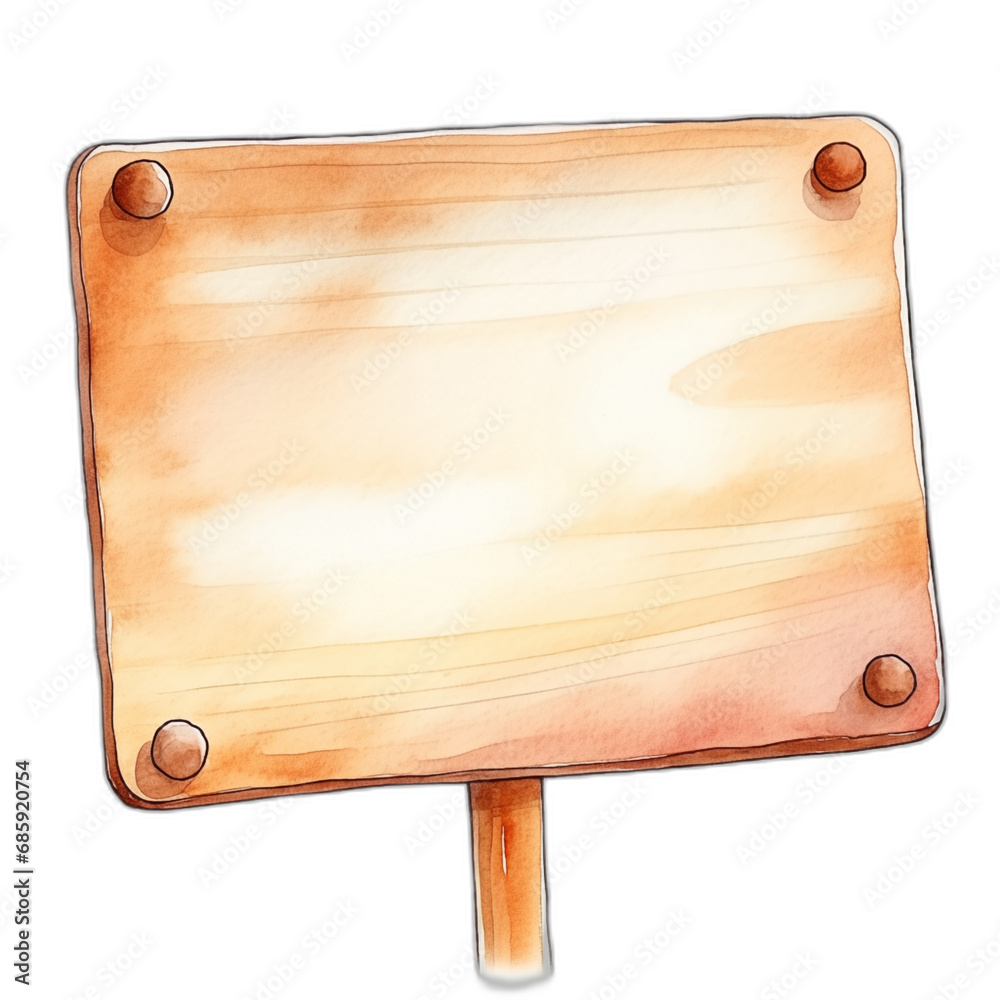 Watercolor cartoon illustration of an empty wooden sign isolated on ...