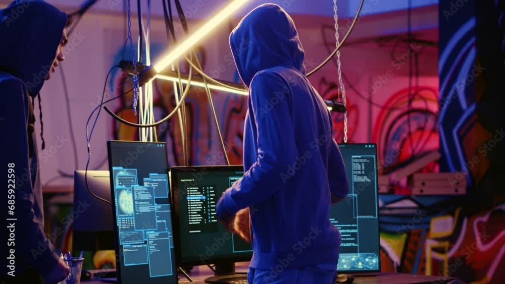 Rogue hacker group leader welcoming new member in hidden underground ...