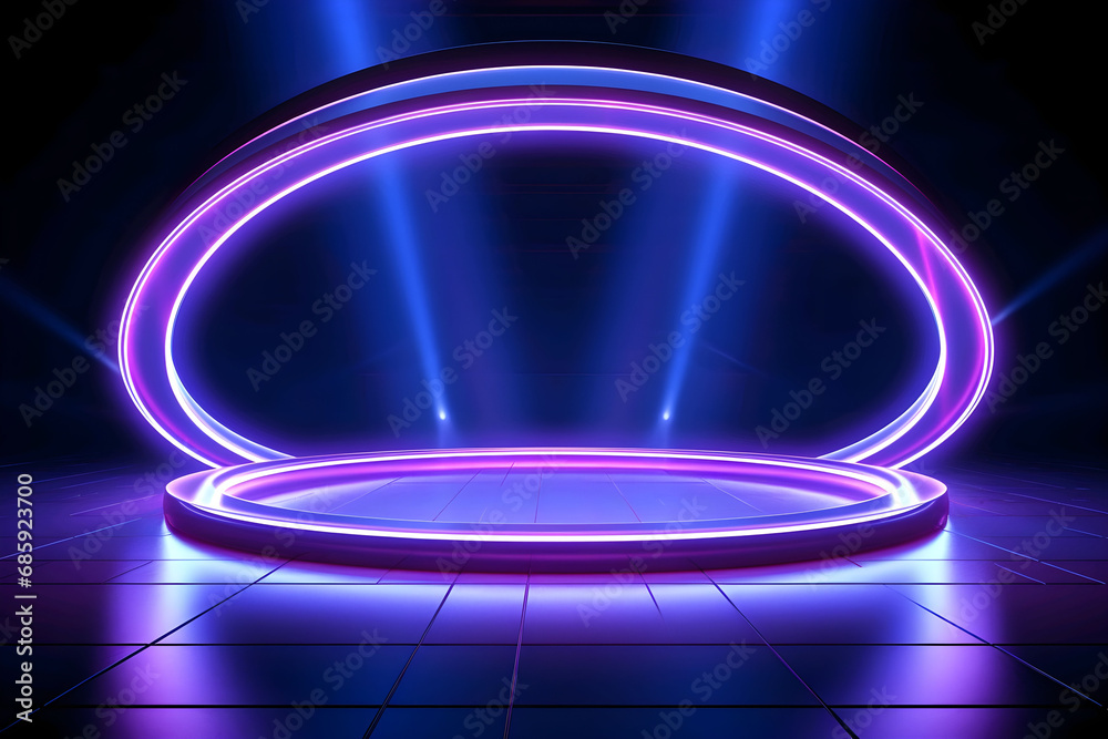 Futuristic neon stage with glowing purple lights and illuminated floor ...