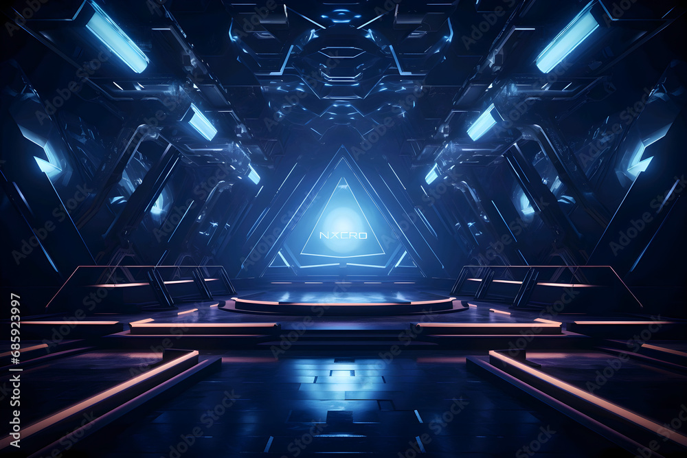 Futuristic sci-fi stage with neon lights and a glowing end, conveying a ...