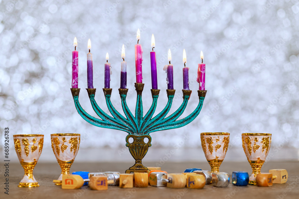 Traditional religion symbol of Jewish holiday Hanukkah with Hanukkiah ...