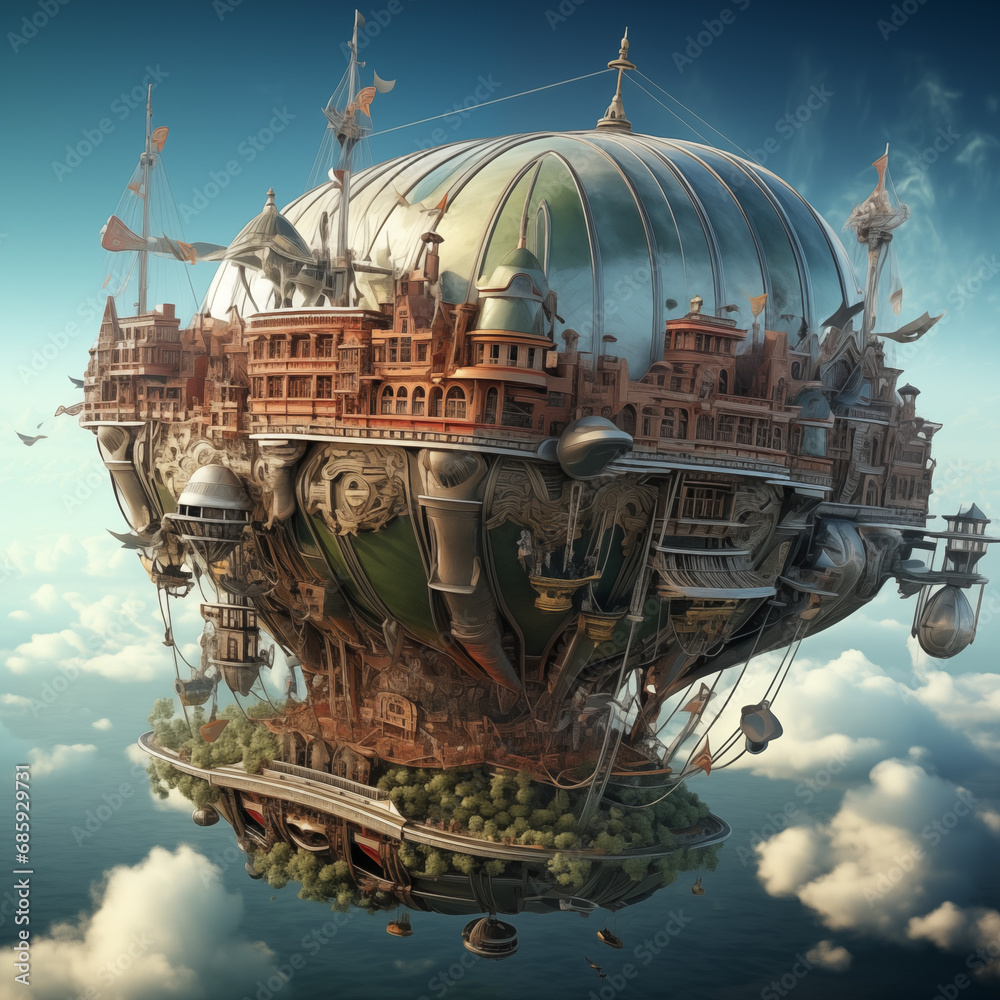 Fantasy landscape with flying castle in the clouds. An old ship in the ...