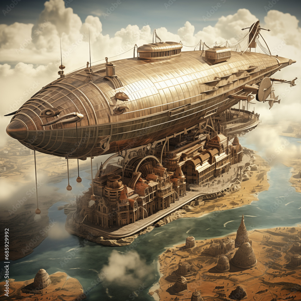 Fantasy landscape with flying castle in the clouds. An old ship in the ...