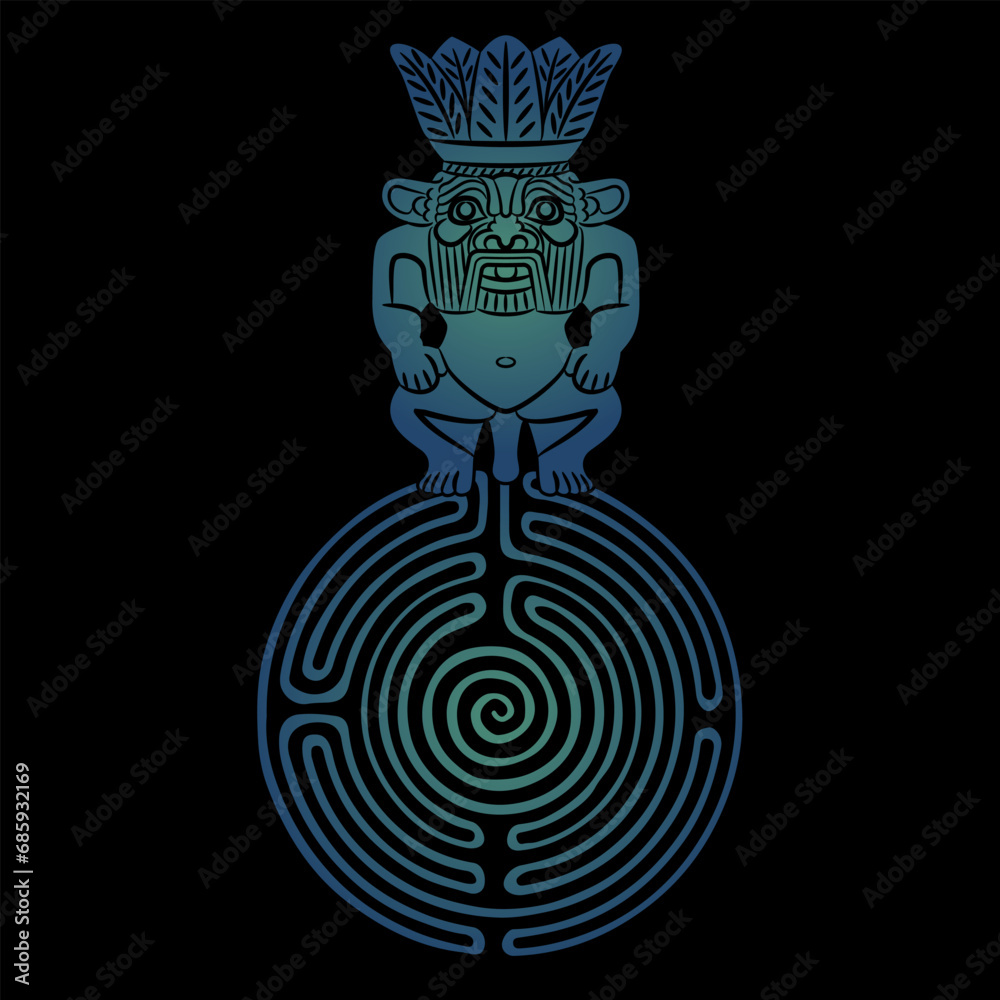 Ancient Egyptian dwarf god Bes standing on a round spiral maze or ...