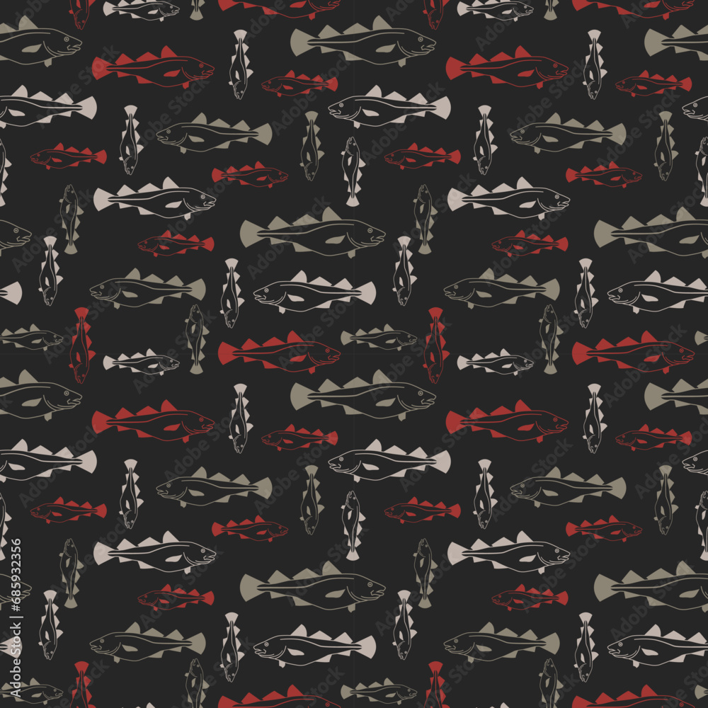 Cod fish scatter pattern in dark colors. Vector seamless pattern design ...