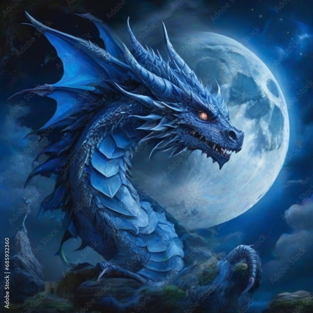 dragon, blue dragon, abstract blue dragon, blue dragon with moon, blue ...