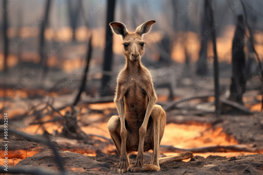 Heartbroken Kangaroo Amidst Burned Landscape, emotional aftermath ...