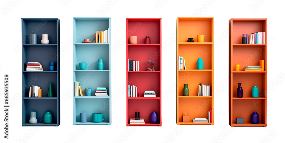 Colorful modern bookshelves set over isolated transparent background ...