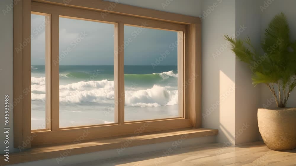 beach house window, rain beating against glass, looking onto stormy sea ...