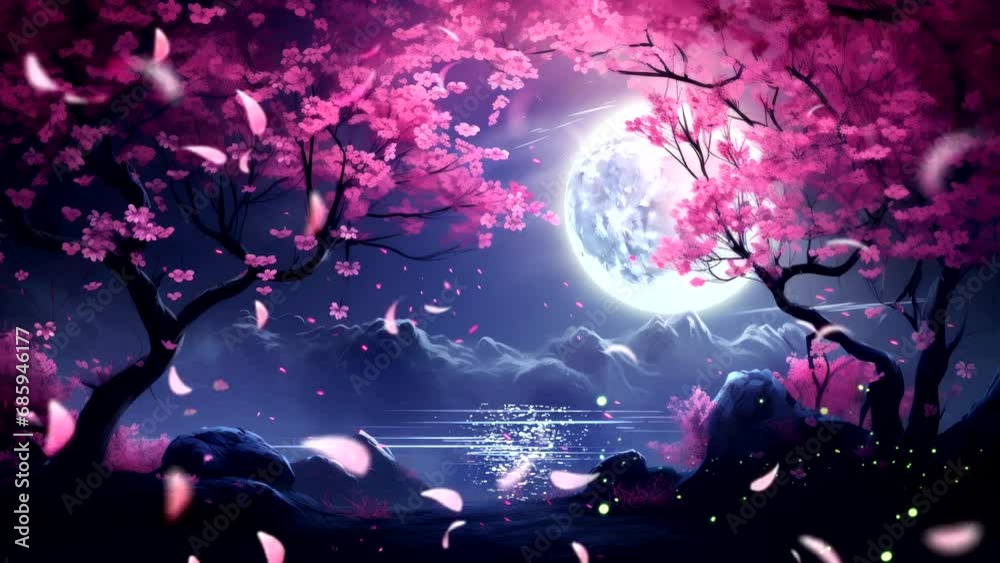 full moon on pink cherry blossom tree. Beautiful scenery of flower view ...