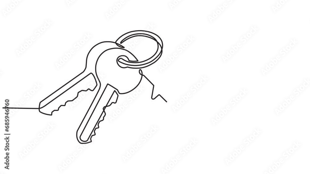 Continuous line animation video of a house key with a key chain in the ...