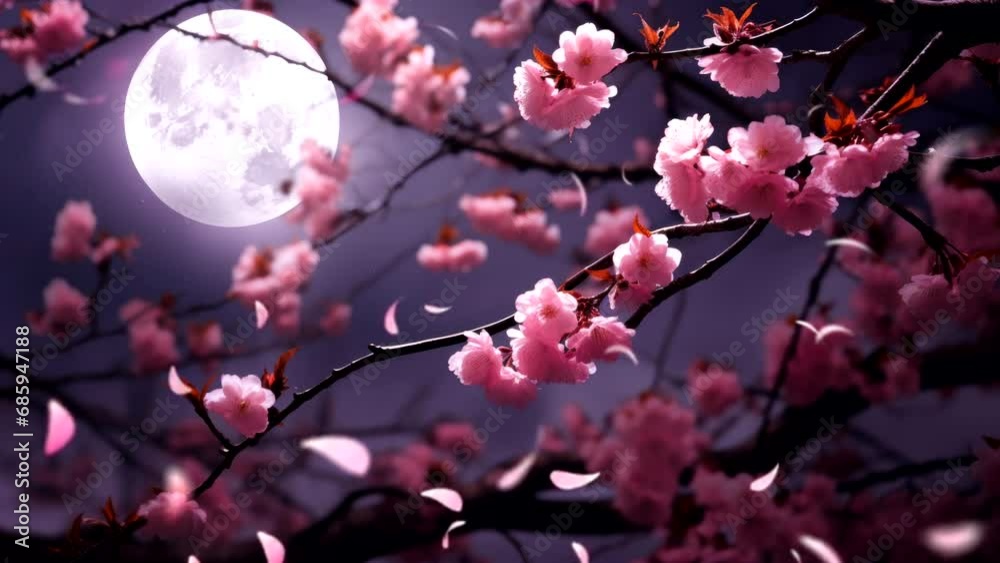 full moon on pink cherry blossom tree. Beautiful scenery of flower view ...