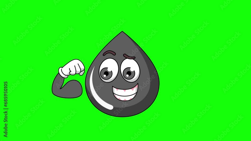 Flexing muscle of oil cartoon, strong pose mascot animation on a green ...