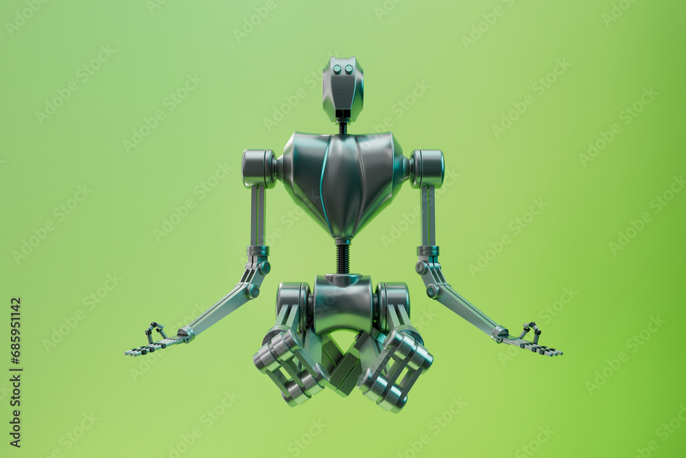 A robot engages in deep meditation, floating above the surface ...
