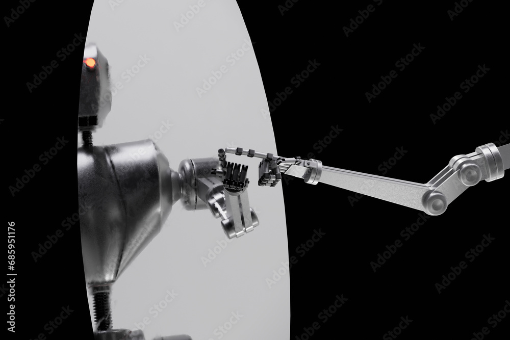 the reflection in the mirror reveals an AI robot with piercing, bright ...