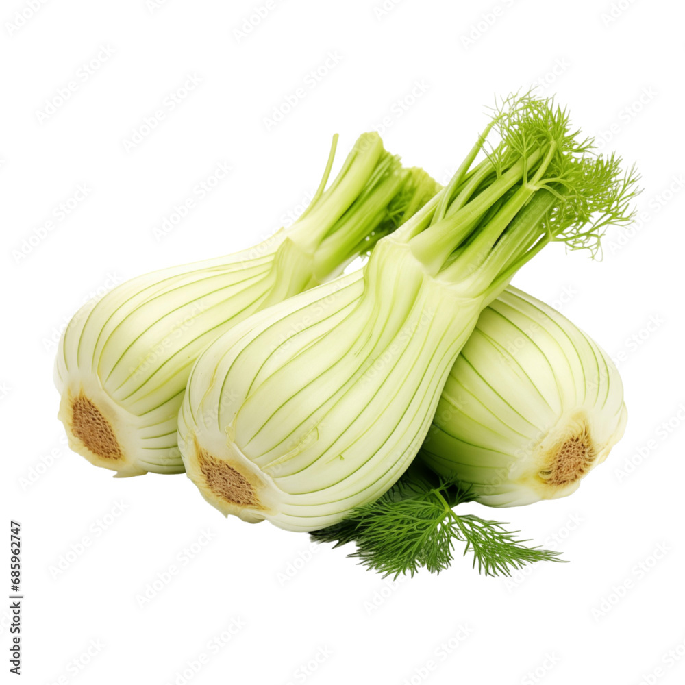 fresh organic fennel fruit cut in half sliced with leaves isolated on ...